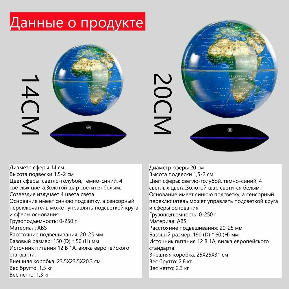 Подвешенный земной шар. База НЛО. Золотая сфера диаметром 20 см. Белый свет. Сочетание китайского и английского языков. Идеальный подарок для детей.