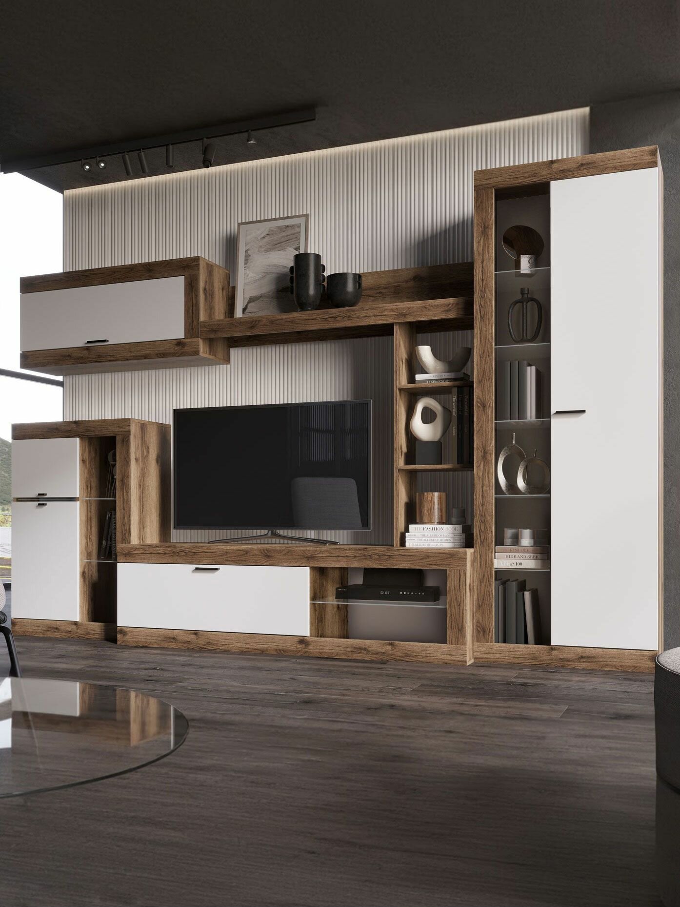 Гостиная комплект Прага, ТВ-тумба, шкафы, настенная полка, 285.2х42.6 см, Дуб Делано / Белый гладкий Без подсветки