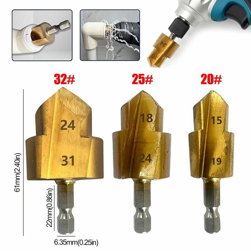 Набор зенкеров по металлу и дереву с титановым покрытием ,3 штук, PPR подъемные сверла , Используется для расширения водопроводных труб , Сверла для деревообработки ,15-19/18-24/24-31 мм