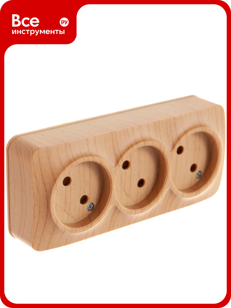 Розетка силовая IONICH на 3 гнезда, накладная, коричневая сосна, IP20, 16А, с винтовой зажимной системой, в комплекте с