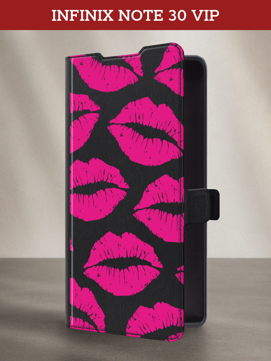 Чехол-книжка на Infinix Note 30 VIP / Инфиникс Нот 30 VIP с принтом Ярко-розовая помада паттерн, черный