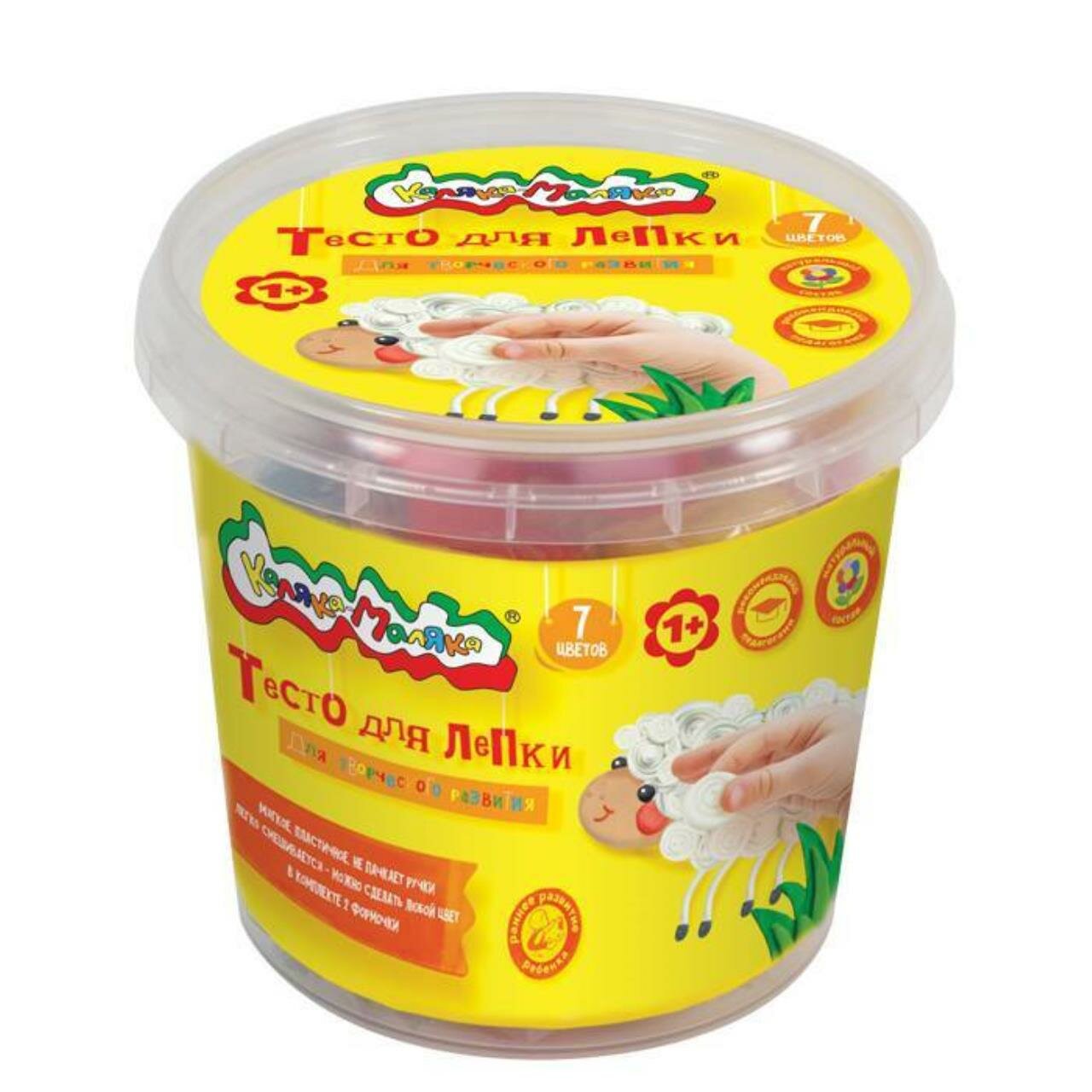 Тесто для лепки Каляка-Маляка 7 цветов по 30 г, 2 формочки, ведро