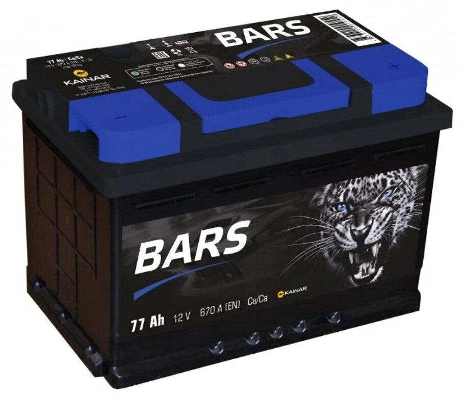 Аккумулятор автомобильный Bars 77 А/ч 670 А обр. пол. Евро авто (278x175x190) 6СТ-77R