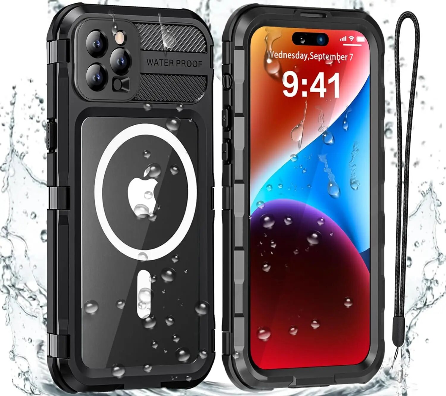 Чехол для iPhone 14 15 16 Pro Max 16 Plus IP68 Подводный водонепроницаемый Айфон 15 Про Макс, Black