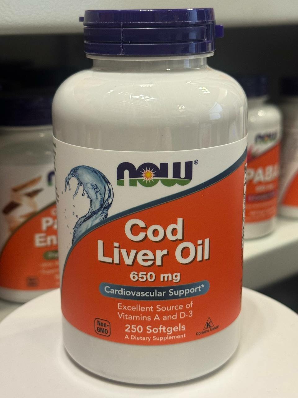 NOW Cod Liver Oil 650 mg, Масло печени трески с Омега-3 и Витаминами A и D3 для Сердца, Суставов, 250 гелевых капсул