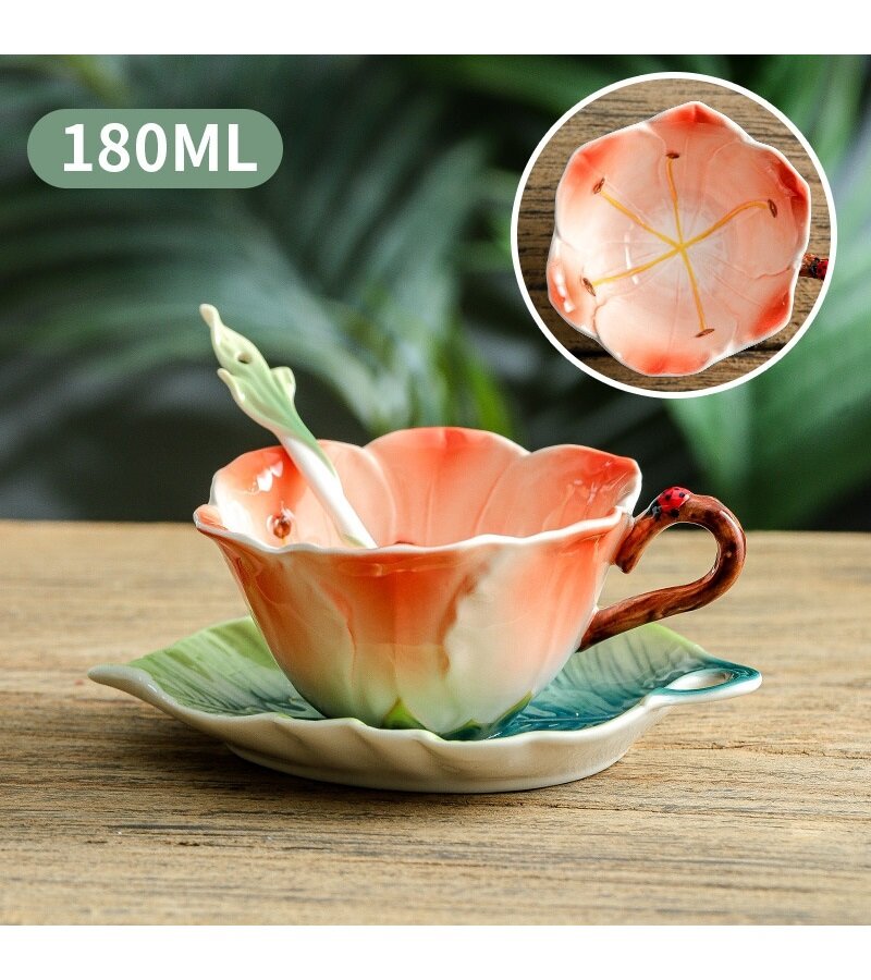 Китайская керамическая кофейная чашка в форме цветка + подставка в виде листа 180 мл