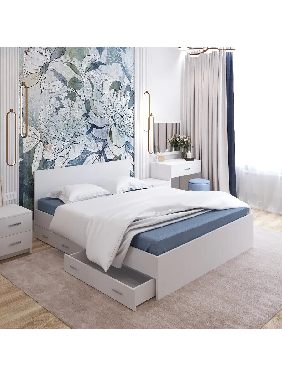 Двуспальная кровать КМК, цвет белый, с ящиками, ЛДСП, 160x200