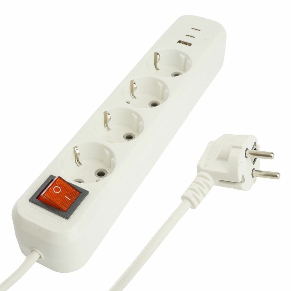 Удлинитель 4-местный STEKKER Home с/з с выключателем 3x1мм2, 3м, 250В, 16А, 1USB+2C, 2.4A, HM071-41-03, белый