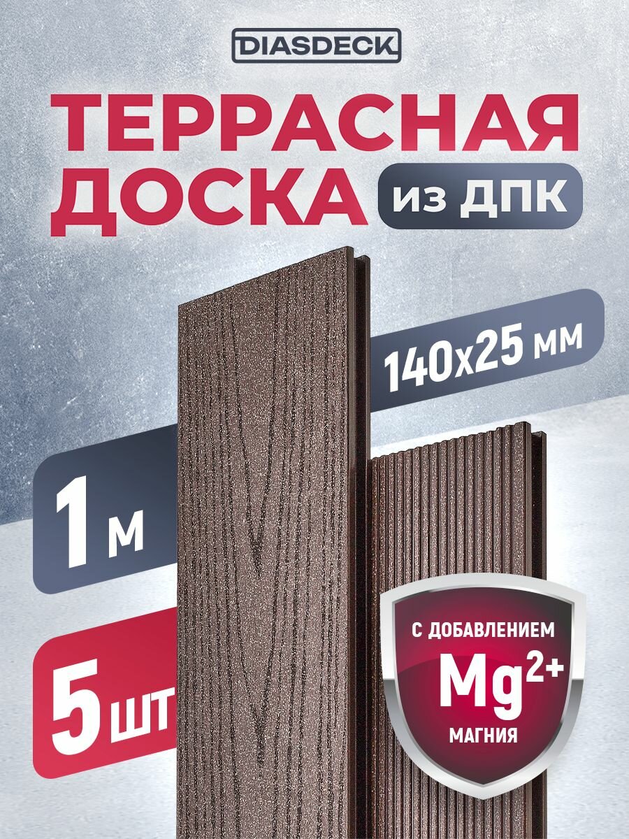 Террасная доска DIASDECK из ДПК 140х25мм длина 1 метр цвет венге, комплект 5 штук (минерал)