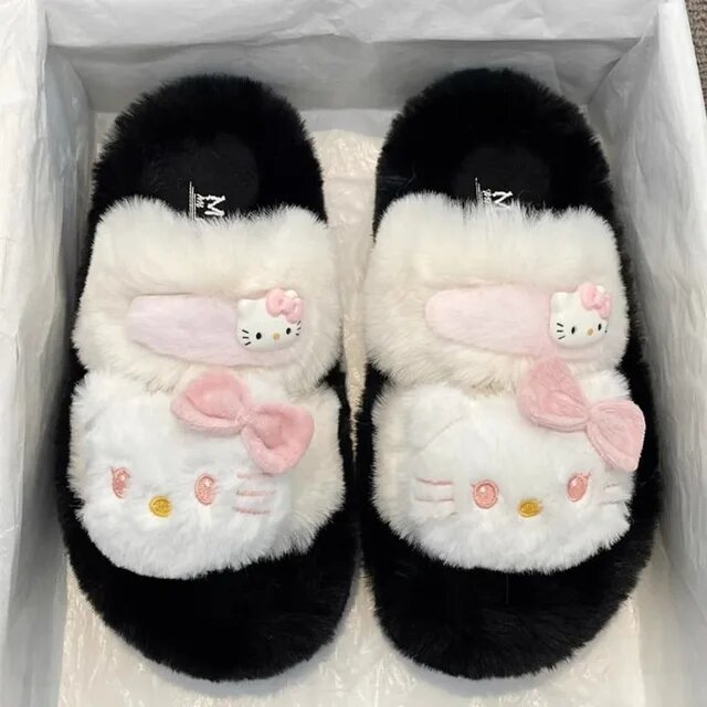 Hello Kitty, милые плюшевые тапочки с героями мультфильмов, женские зимние новые модные теплые домашние туфли, повседневные универсальные хлопковые тапочки в корейском стиле