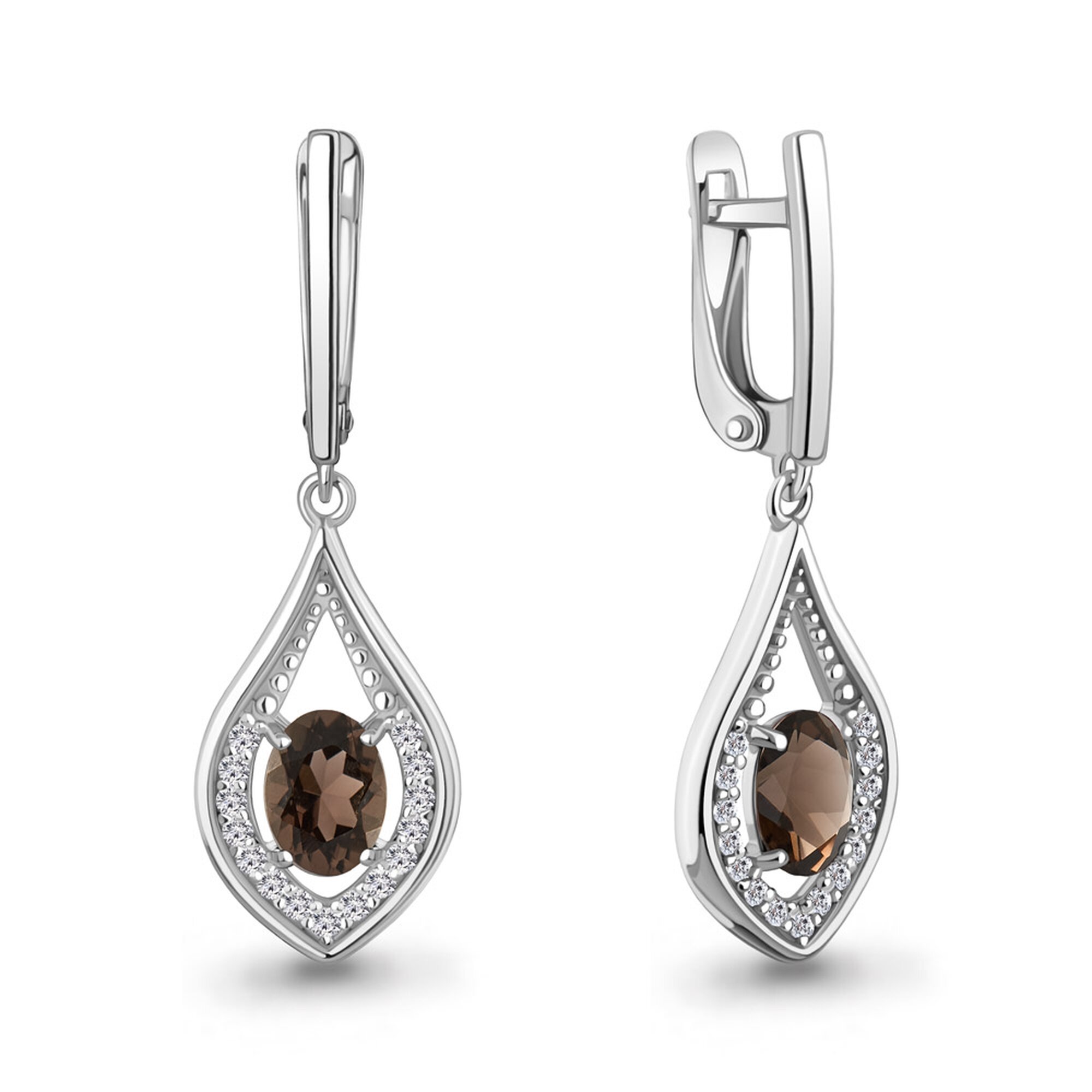 Серьги с подвесками, серебро, 925 проба, родирование, фианит, кварц