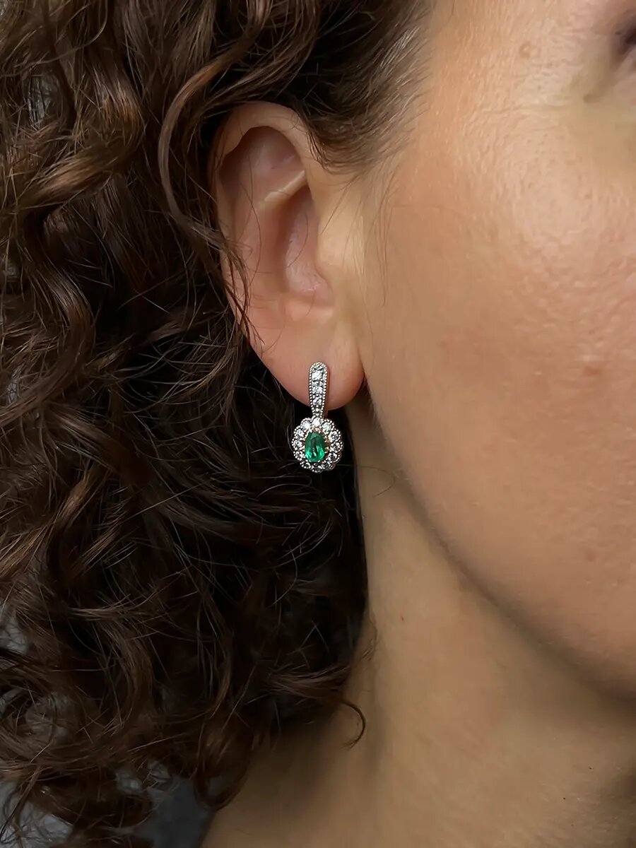 Серьги, красное золото, 585 проба, родирование, изумруд, бриллиант выращенный