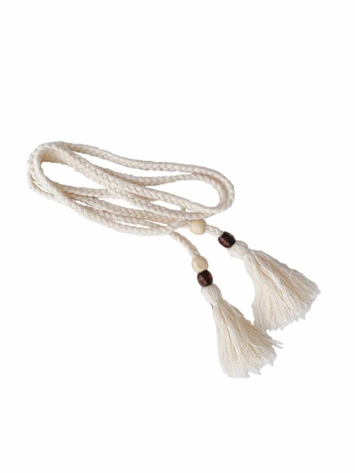 Тканый хлопковый пояс с деревянными бусинами и кистями