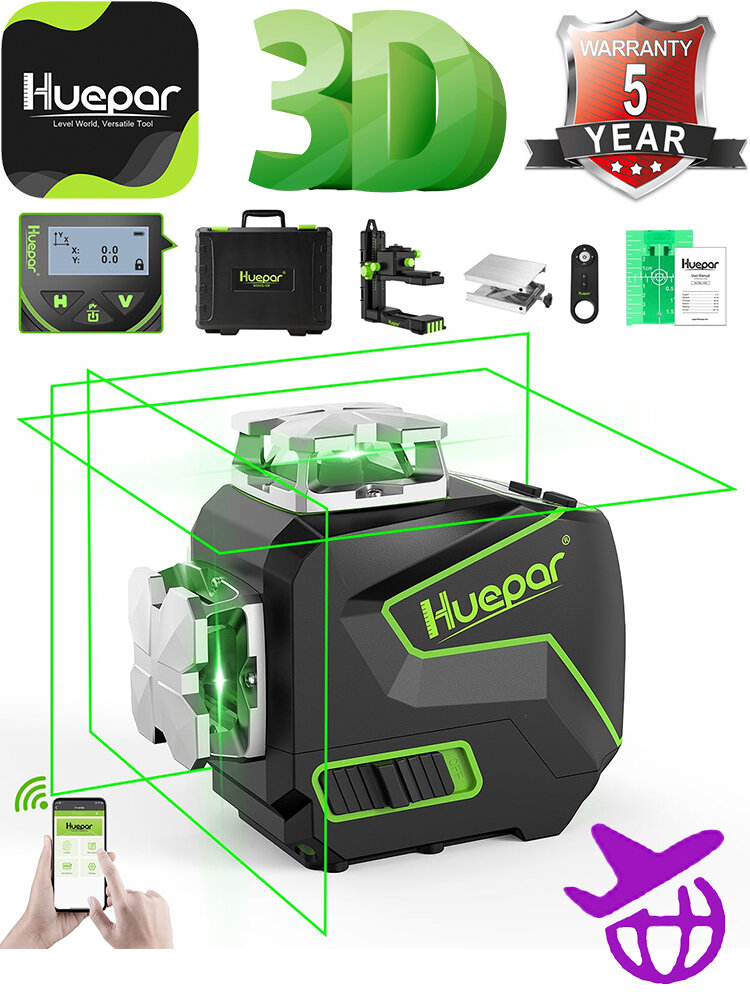 Лазерный уровень Huepar S03CG, 360°, IP54, 12 лучей, зеленый луч