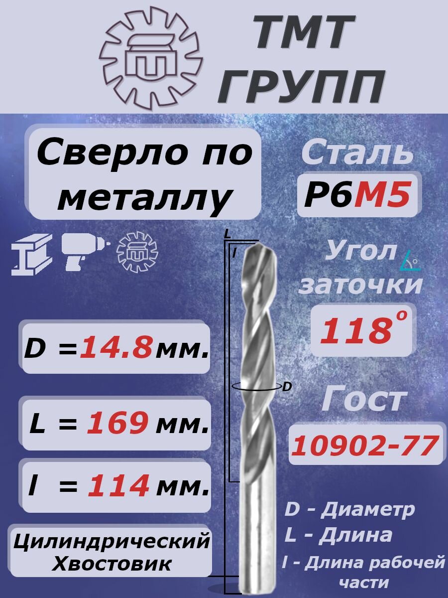 Сверло по металлу, цилиндрический хвостовик, ц/х, 14.8 мм. Р6М5 с*