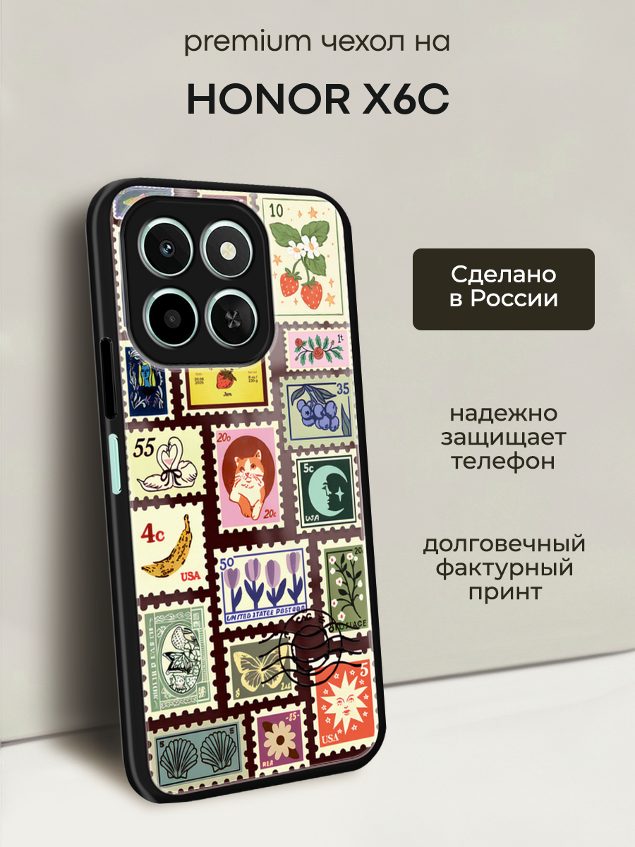 Чехол на Honor X6c / Хонор Х6с с объемным принтом "Коллаж с марками"