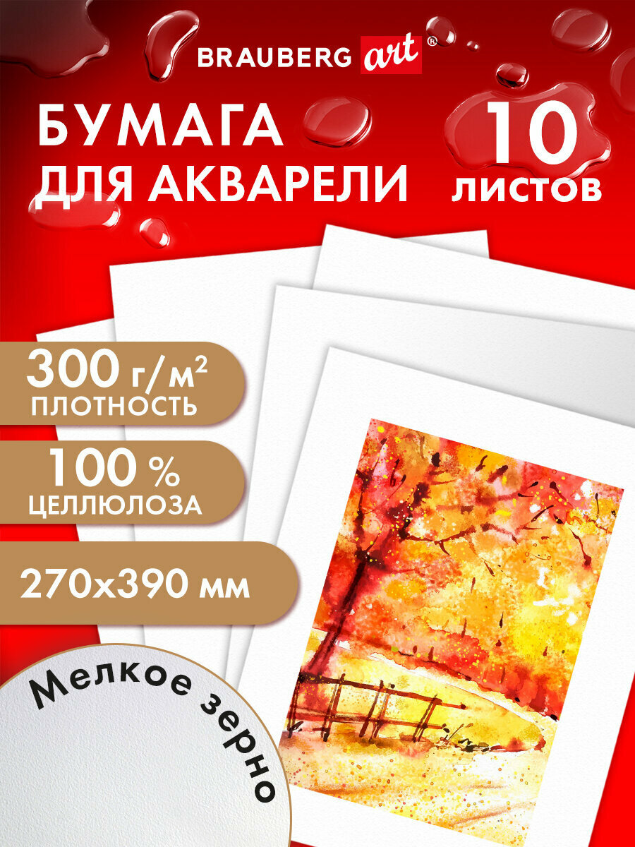 Бумага для акварели, для рисования художественная, 300 г м2, 270x390 мм, мелкое зерно 10 листов, Brauberg Art Premiere, 115334
