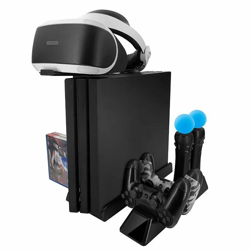 Многофункциональный стенд KJH для PS4 / PS4 Slim/Pro/PS VR с функцией охлаждения и док-станцией для 2-х геймпадов и 2-х ручка PS MOVE