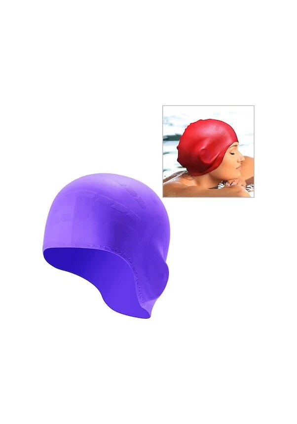 Силиконовая водонепроницаемая шапочка для плавания с защитой ушей для взрослых с длинными волосами, фиолетовая