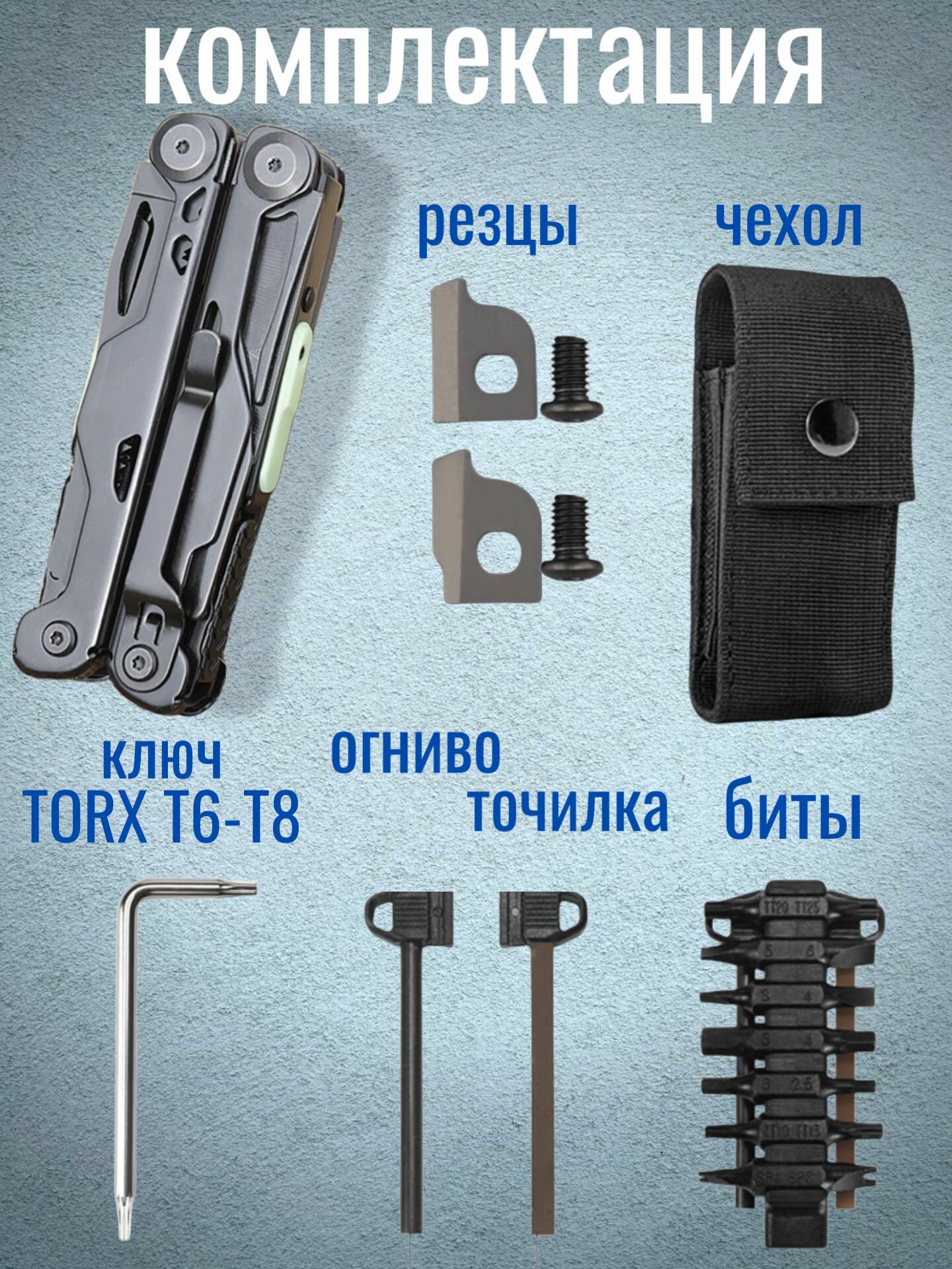 Мультитул тактический, туристический, походный, с пассатижами, черный — фото 1