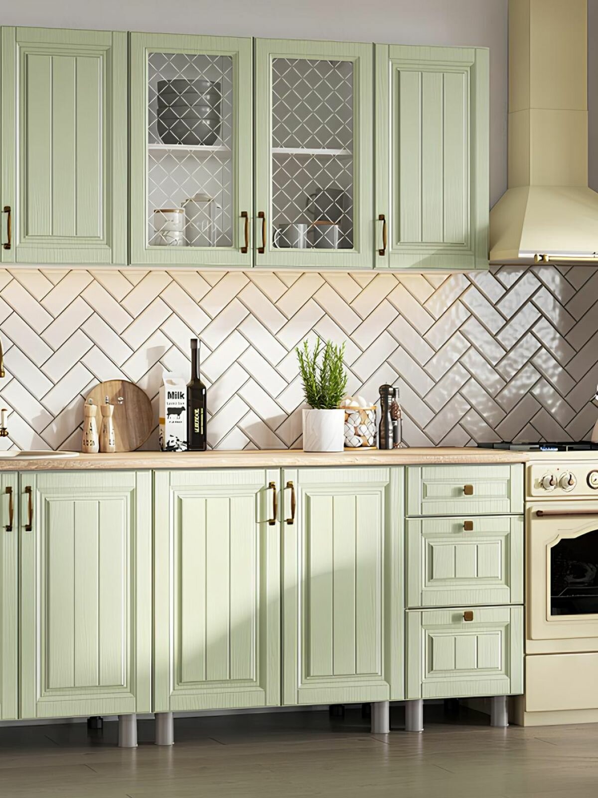 Кухонный гарнитур "Утро в Провансе", фасады: МДФ, без столешницы, 2м, белый/фисташковый текстурный