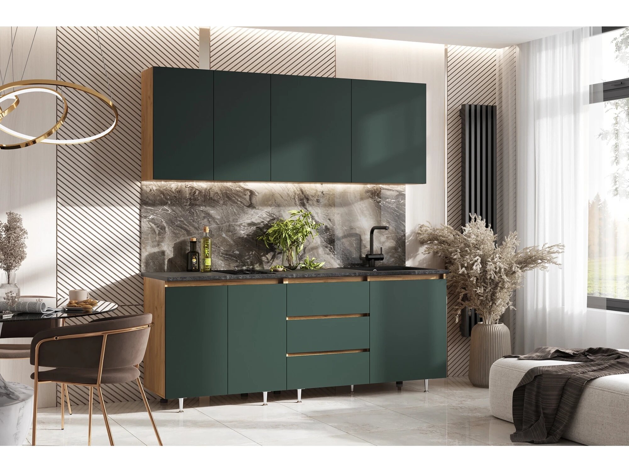 Кухня 2,0м Компановка №2, Дуб крафт/Изумрудный (Кастилло темный)