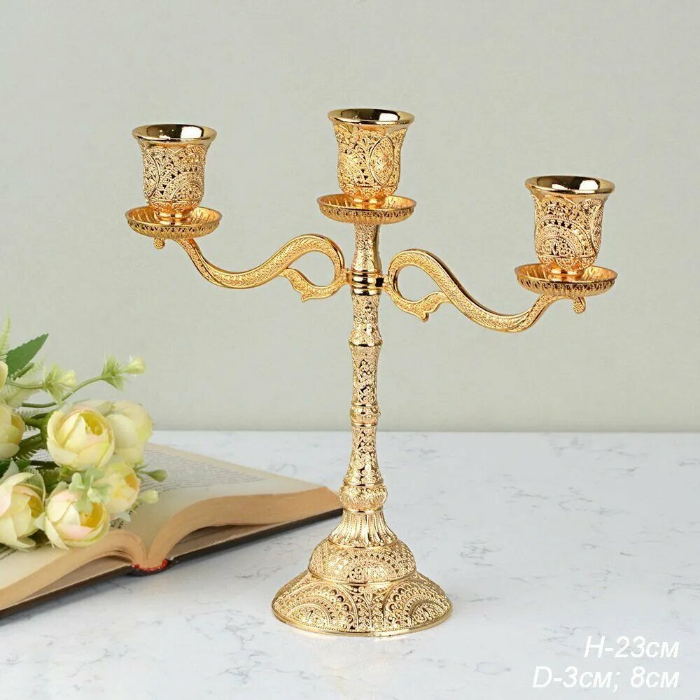 Подсвечник-канделябр на 3 свечи, высота 23 см, золото，Ветрозащитный воск