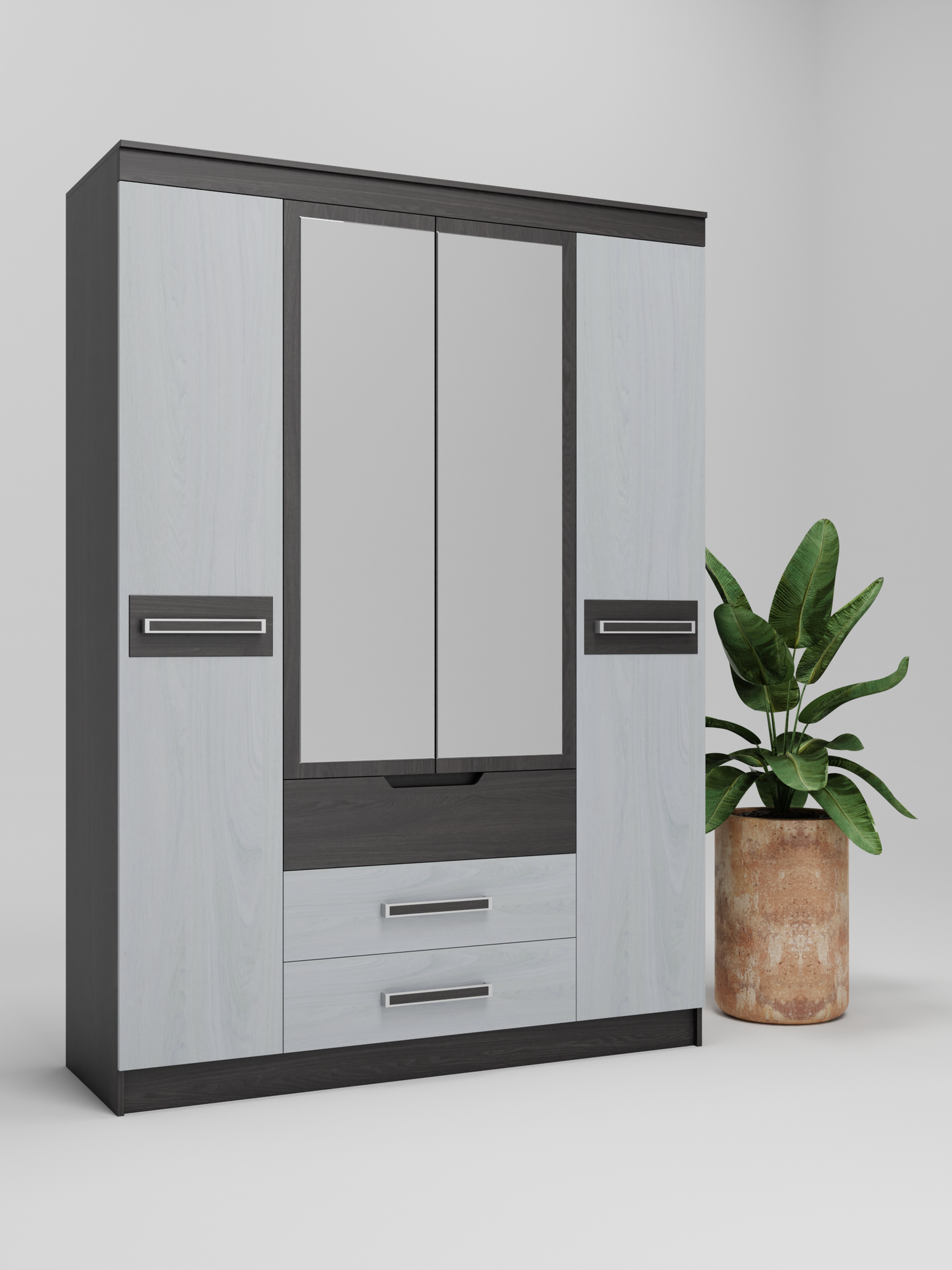 Шкаф для одежды распашной четырех створчатый с зеркалом, с ящиками, Домино анкор темный/анкор светлый