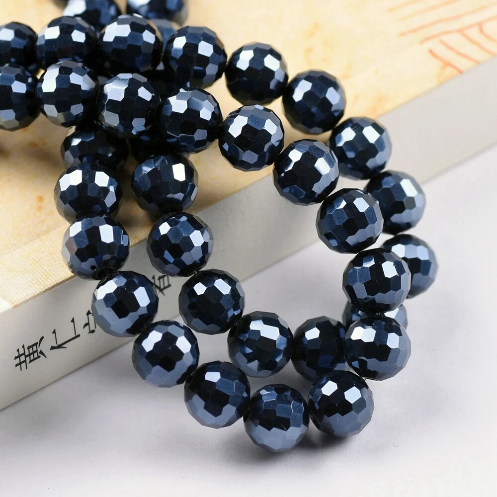 Бусины стеклянные 10 мм, темно-синий гематит, 96 граней