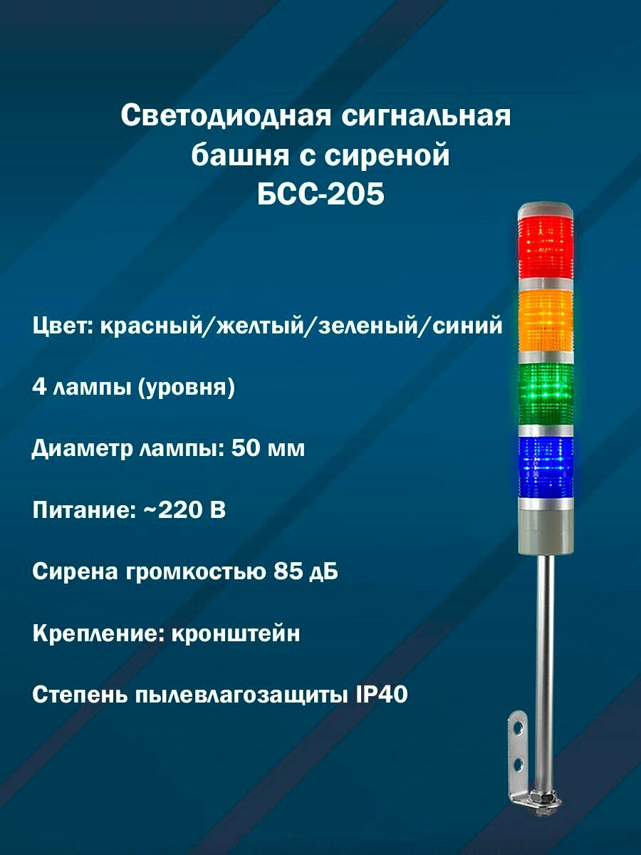 Башня сигнальная светодиодная БСС-205-4 (4 уровня, AC220V, кронштейн)