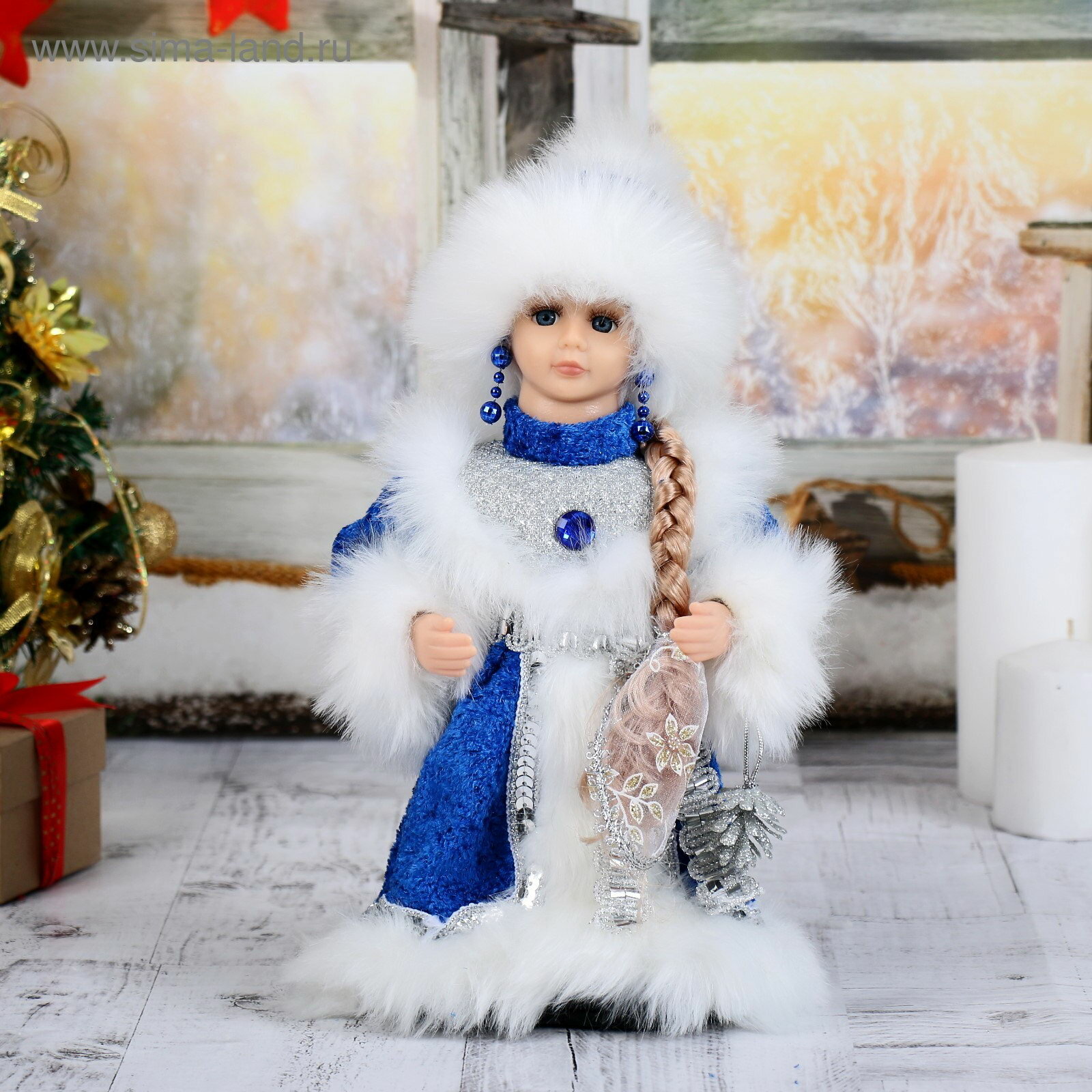 Снегурочка под ёлку "Зимнее волшебство. Шик в синей шубке с серёжками" двигается, 29 см