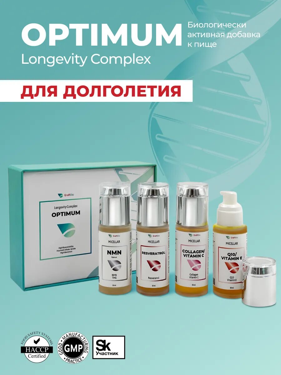 Комплекс БАД GraftBio: Ресвератрол, Коэнзим Q10/Витамин Е, Никотинамид (NMN)/TMG, Коллаген/Витамин С, 4 флакона по 50 мл