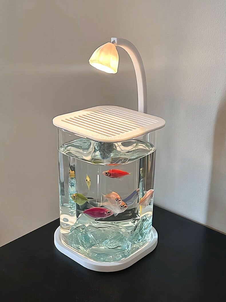 Набор аквариума для петушков "Ледяная синева" - мини-аквариум из сверхпрозрачного стекла (10 10 15см + LED-подсветка + кристаллы)