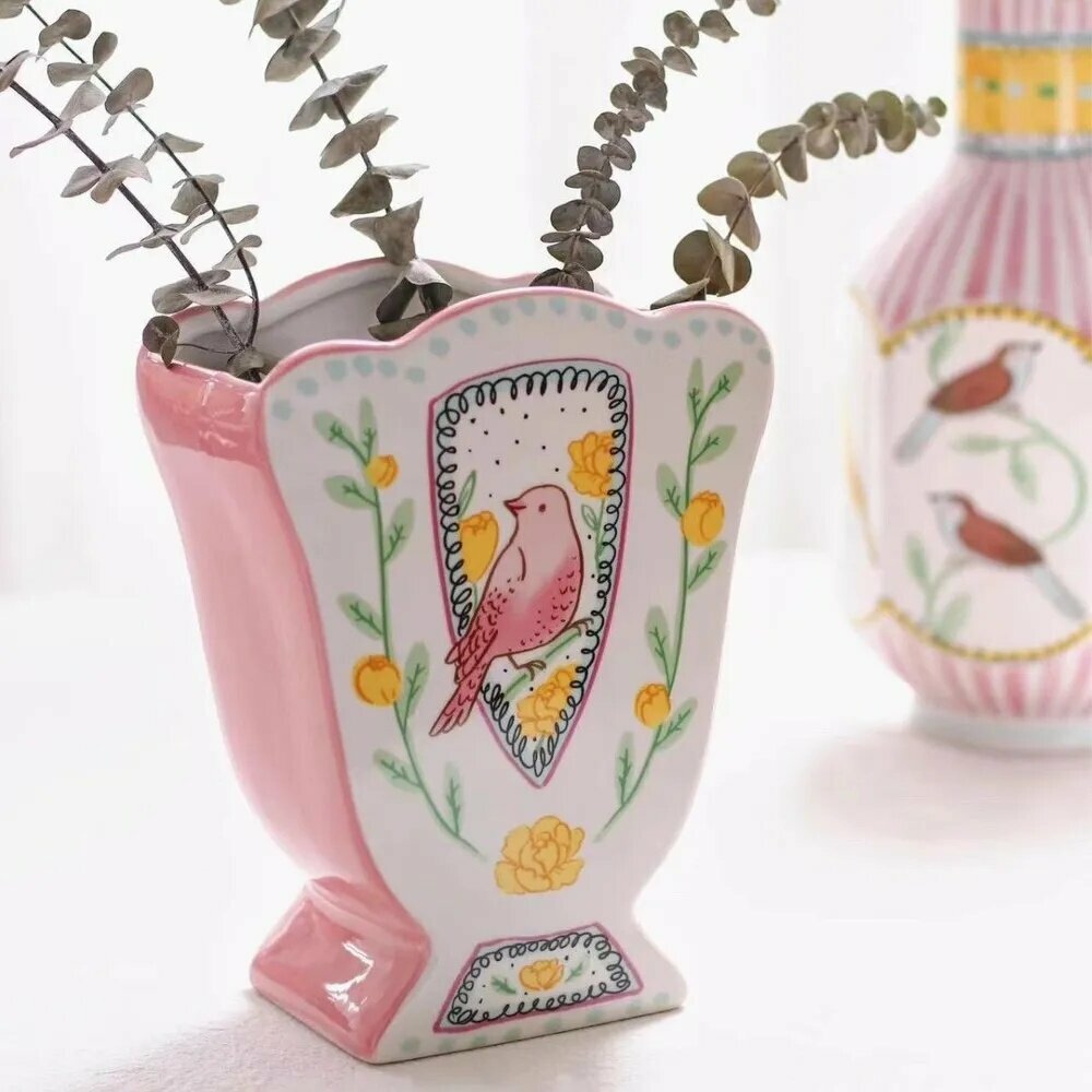 Ваза "Птица в саду" , керамика, 20,7 см, белая, розовая, 1шт