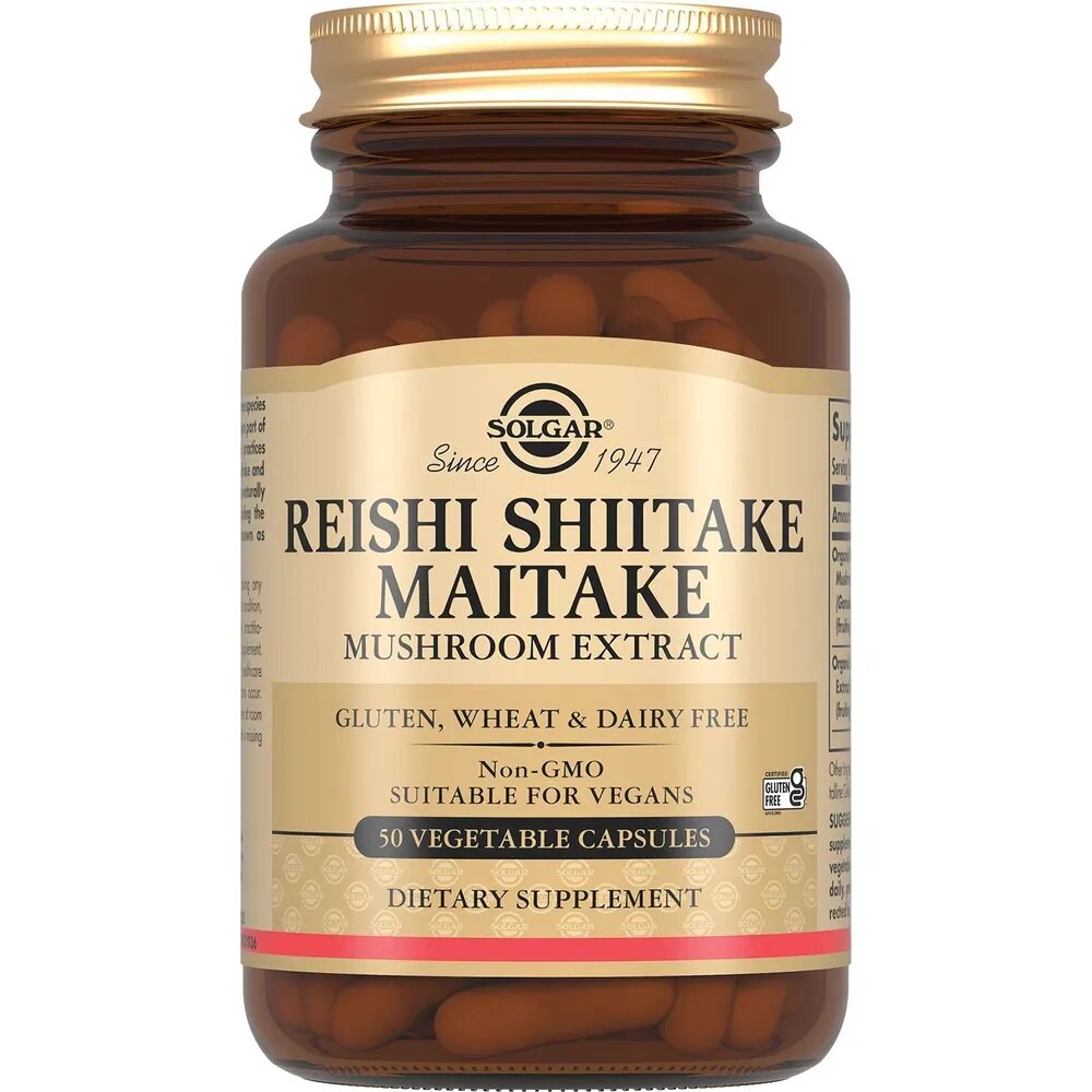 Solgar Reishi Shiitake Maitake Mushroom Extract, Экстракт грибов Рейши Шиитаки Мейтаки 50 вегетарианских капсул