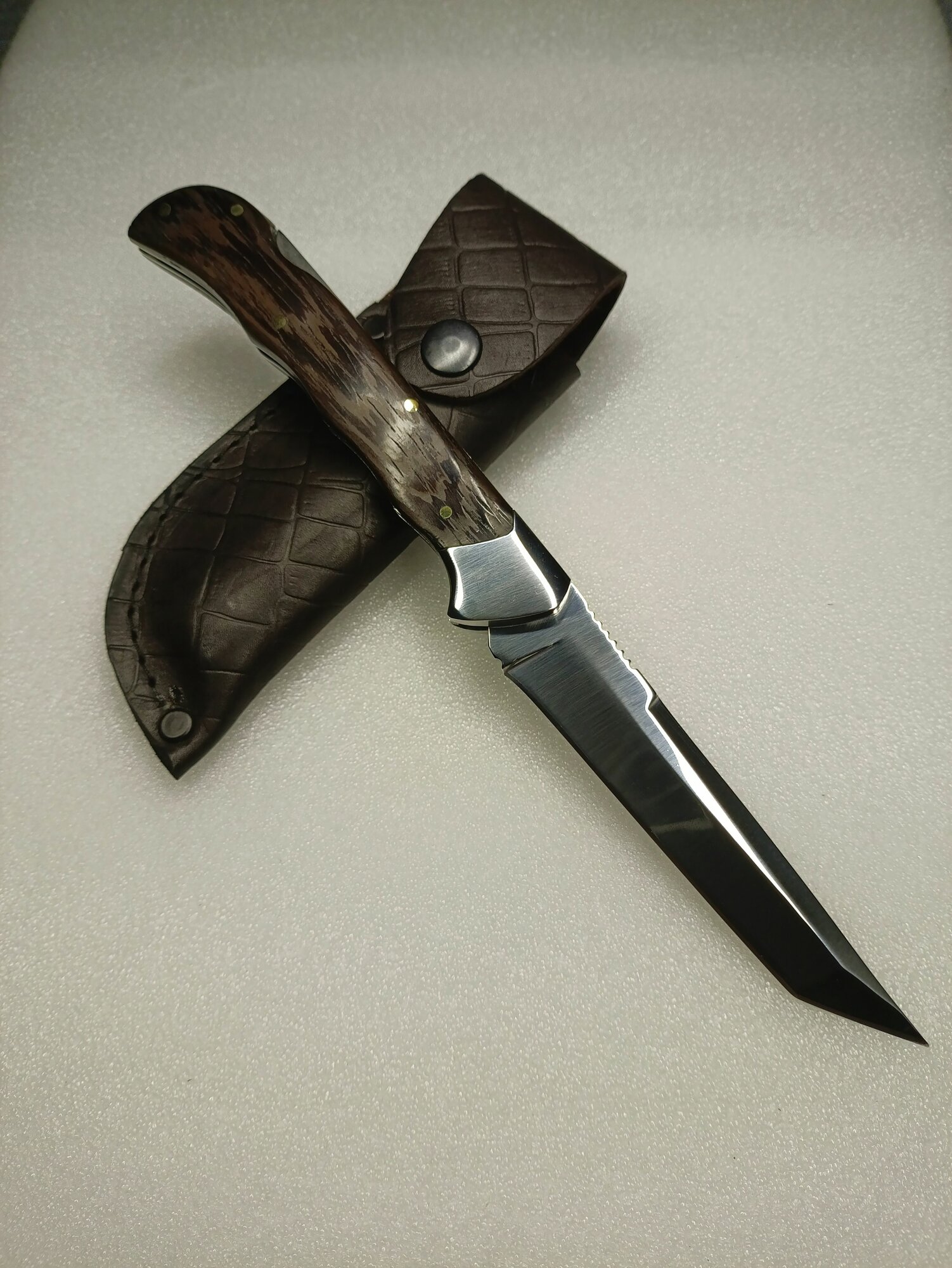 Нож складной Танто Синоби сталь 65x13 длина 25см ручная работа ножны натуральная кожа в комплекте