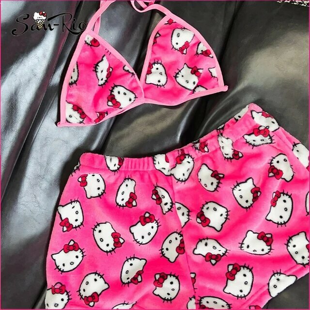 Женский пижамный комплект Sanrio Hello Kitty, комплект из 2 предметов: короткие топы и шорты, сексуальная плюшевая домашняя одежда, женские пижамы, комплекты с бюстгальтером, Size, L-Underbust78-81cm