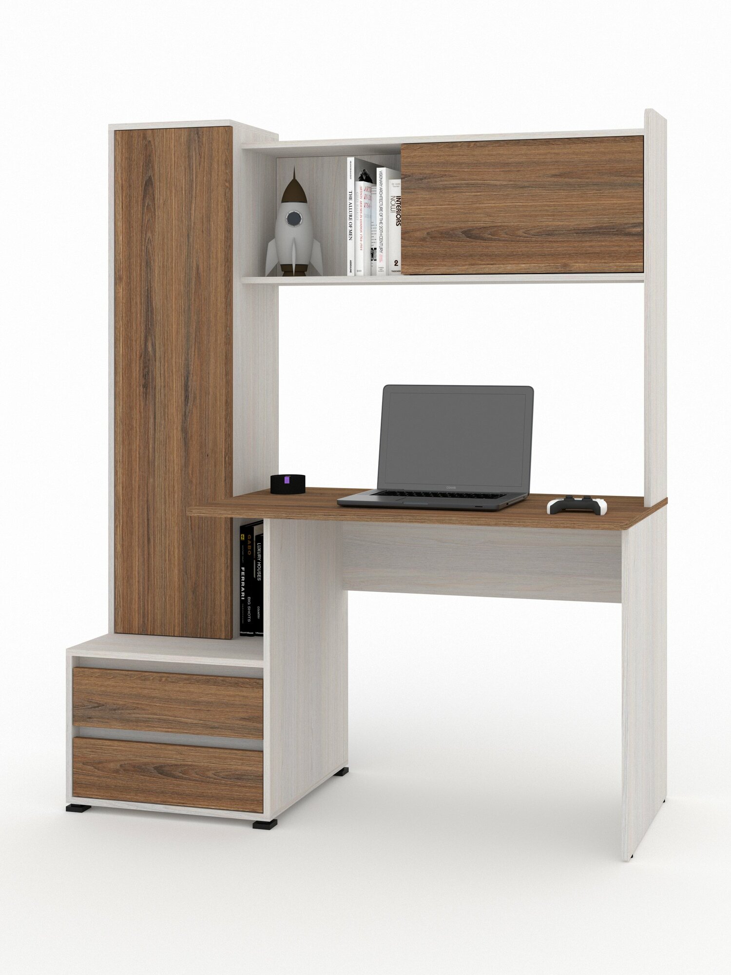 Есэндвич Лаворо 9 Компьютерный стол с пеналом левый 140х170х55 см (Анкор белый/Дуб Аризона)