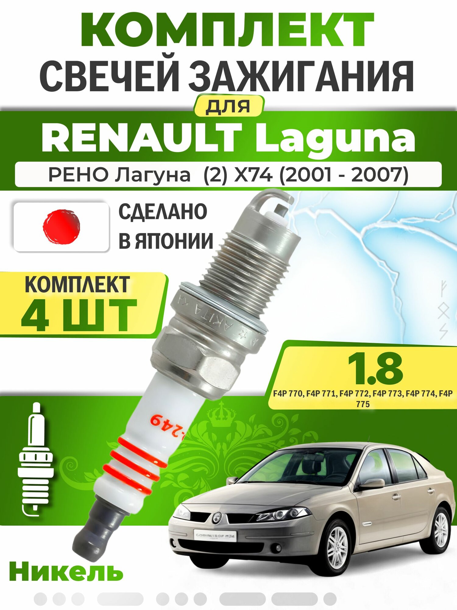 Свечи зажигания для Renault Laguna (2) X74 1.8, комплект 4 шт / 2001 2002 2003 2004 2005 2006 2007 / Двигатель F4P 770, F4P 771, F4P 772, F4P 773, F4P 774, F4P 775 1,8 л