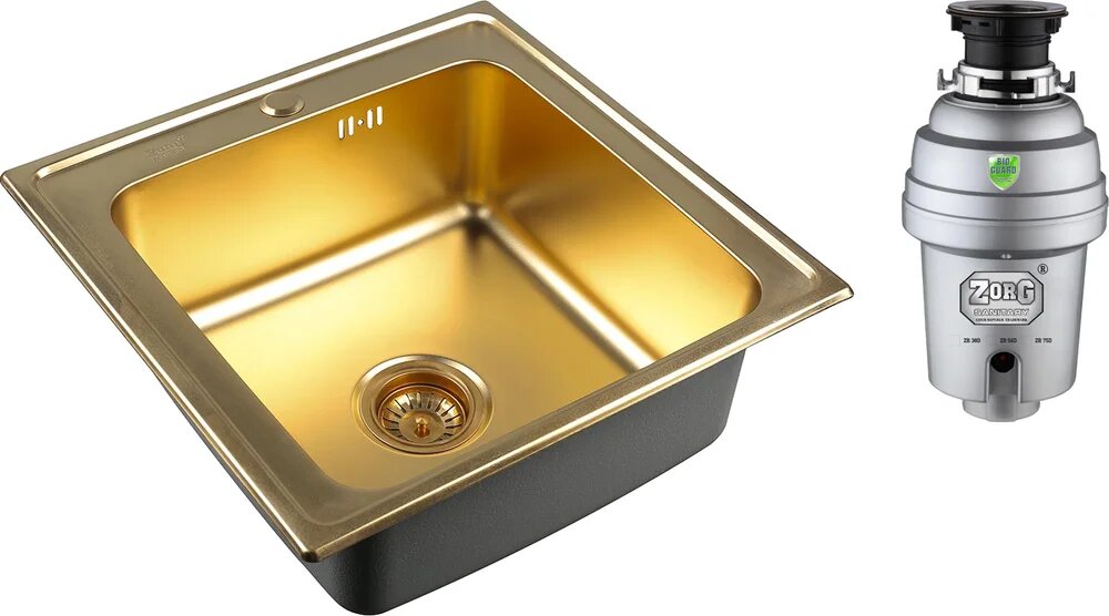 Комплект Мойка Zorg Inox PVD SZR-5050 50x50, bronze, нержавеющая сталь / Измельчитель Inox D ZR-56 D электрический, нержавеющая сталь