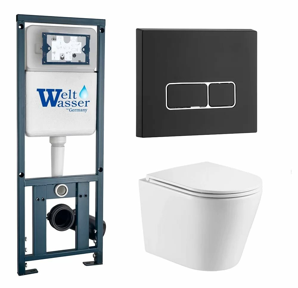 Комплект; Унитаз с инсталляцией WeltWasser MARBERG 410 + SALZBACH 043 GL-WT + MAR 410 SE MT-BL черная кнопка