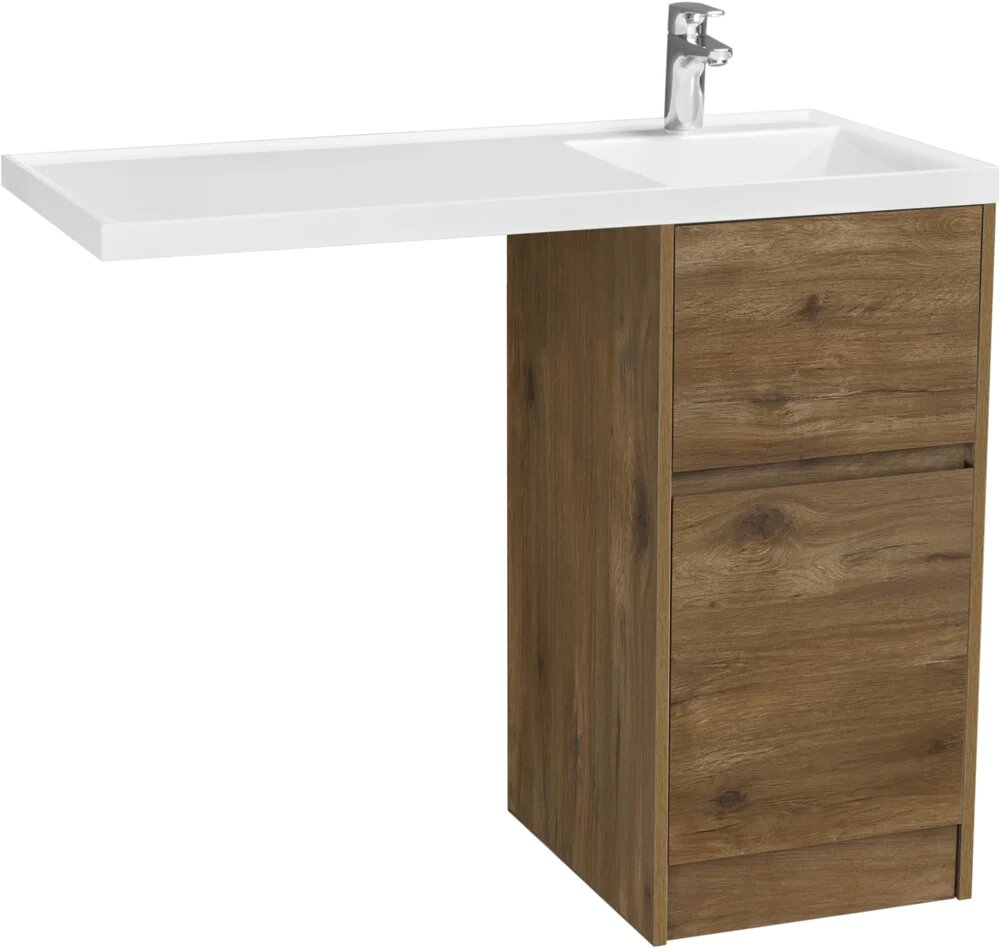 Тумба с раковиной AQUATON Лондри под стиральную машину, напольная, 105 см, светлое дерево, матовая, из ЛДСП, с ящиками, раковина для ванной из искусственного мрамора, прямоугольная