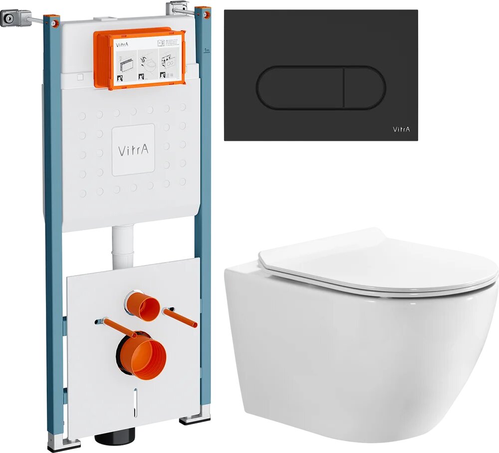 Комплект 3 в 1 Унитаз подвесной BOND Oval F12-10 / Инсталляция VitrA V-Fix Core 732-5800-01PV / Кнопка Root Round 740-2211 цвет матовый черный