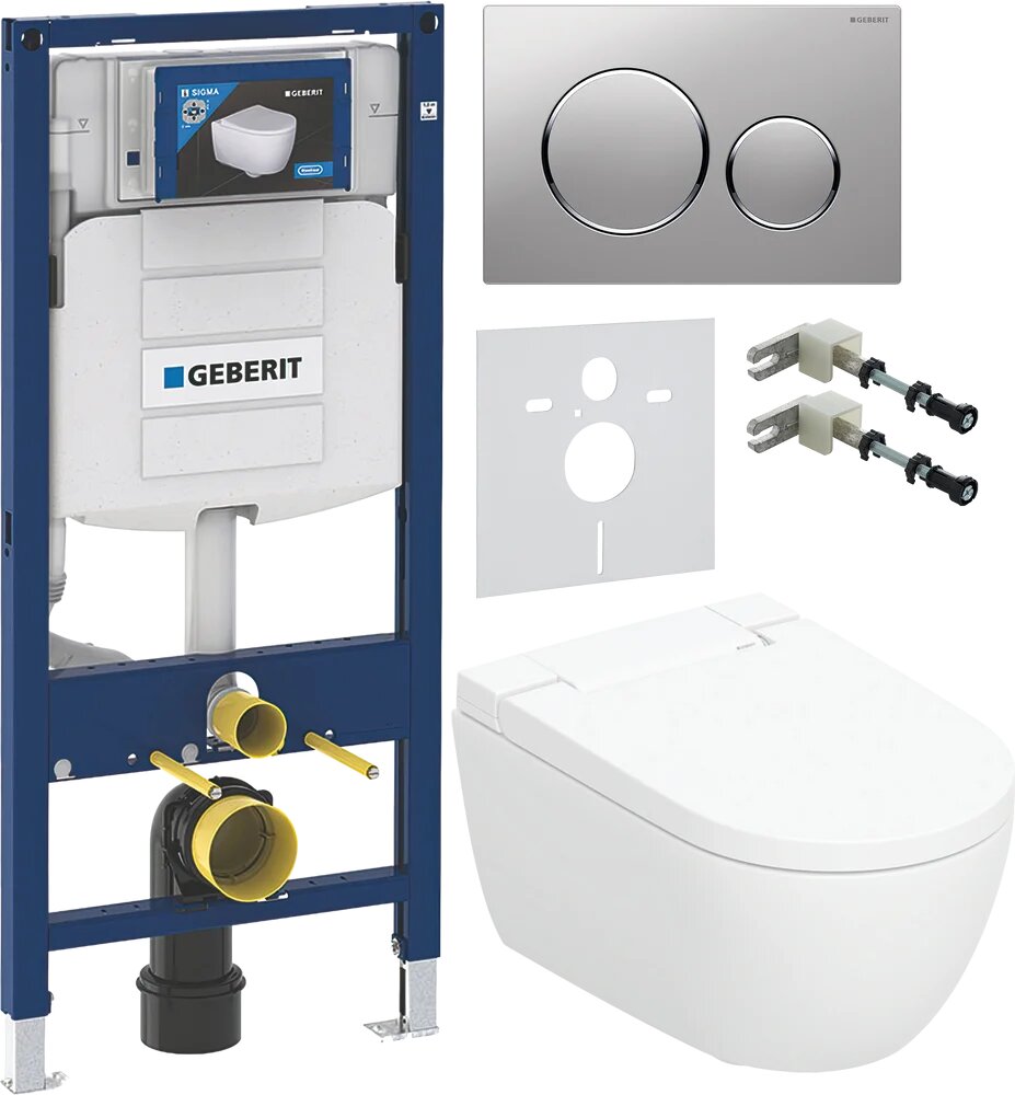 Комплект Умный подвесной Geberit AquaClean Alba безободковый, с биде / Инсталляция Duofix UP 320 111.300.00.5 / Кнопка хром матовый, хром глянцевый, Звукоизоляция, Крепление к стене