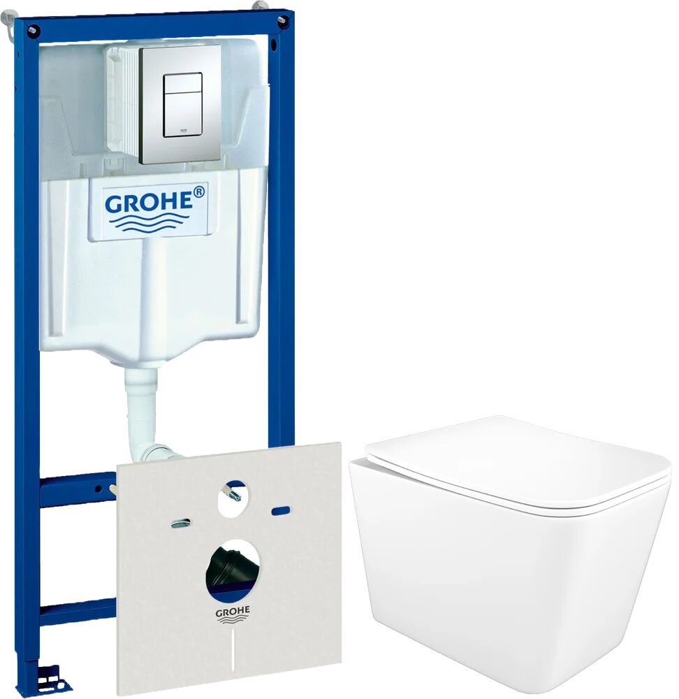 Комплект 5 в 1: Инсталляция Grohe Rapid SL 38775001 / Унитаз подвесной STWORKI Молде S23401WH / Сиденье с микролифтом, Кнопка хром, Комплект шумоизоляции, креплений