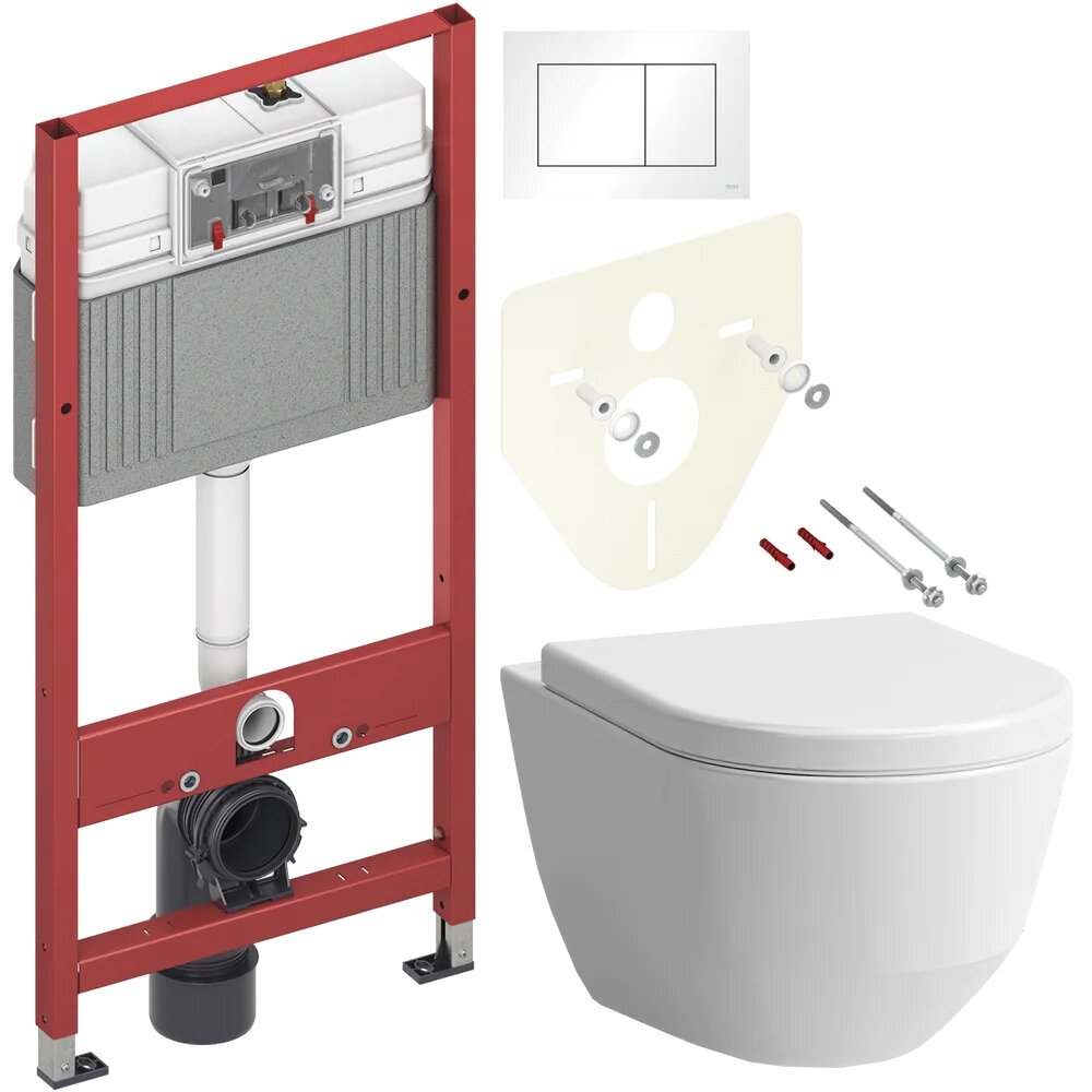 Комплект Унитаз подвесной Laufen Pro Rimless 8.2096.6.000.000.1 без ободка / Крышка с микролифтом, петли хром / Инсталляция TECE Base 9400413 4 в 1 с кнопкой смыва, Шумоизоляция, Крепления к стене