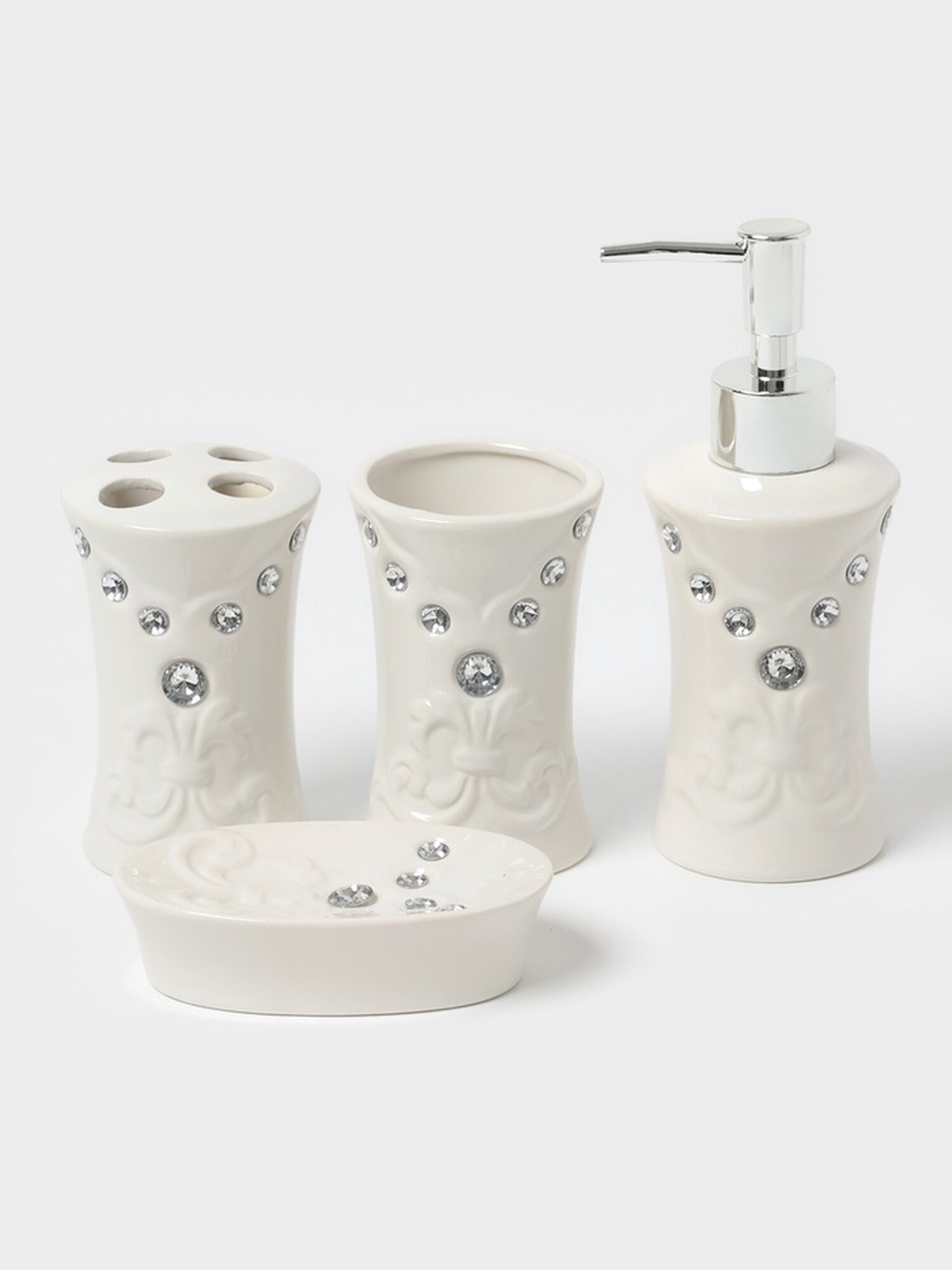 Набор аксессуаров для ванной комнаты Доляна «Стразы. Капельки», керамика, 4 предмета, бежевый