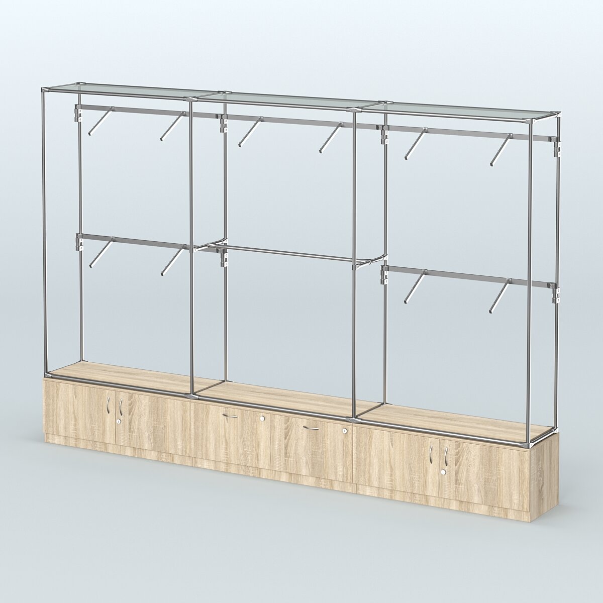 Торговая система хром без ДСП 3600 мм №9 с тумбами Т-21, Т-15 и поручнями, Дуб Сонома