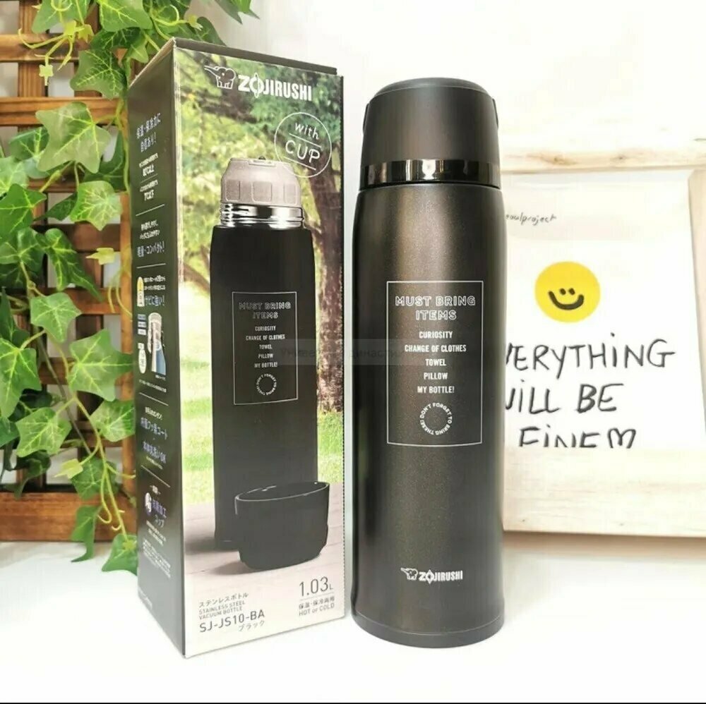 NiNii Термос Вакуумный, Кнопка-клапан, Крышка-чашка "классическая модель SJ-JS10 BA, чёрный", 1.03 л