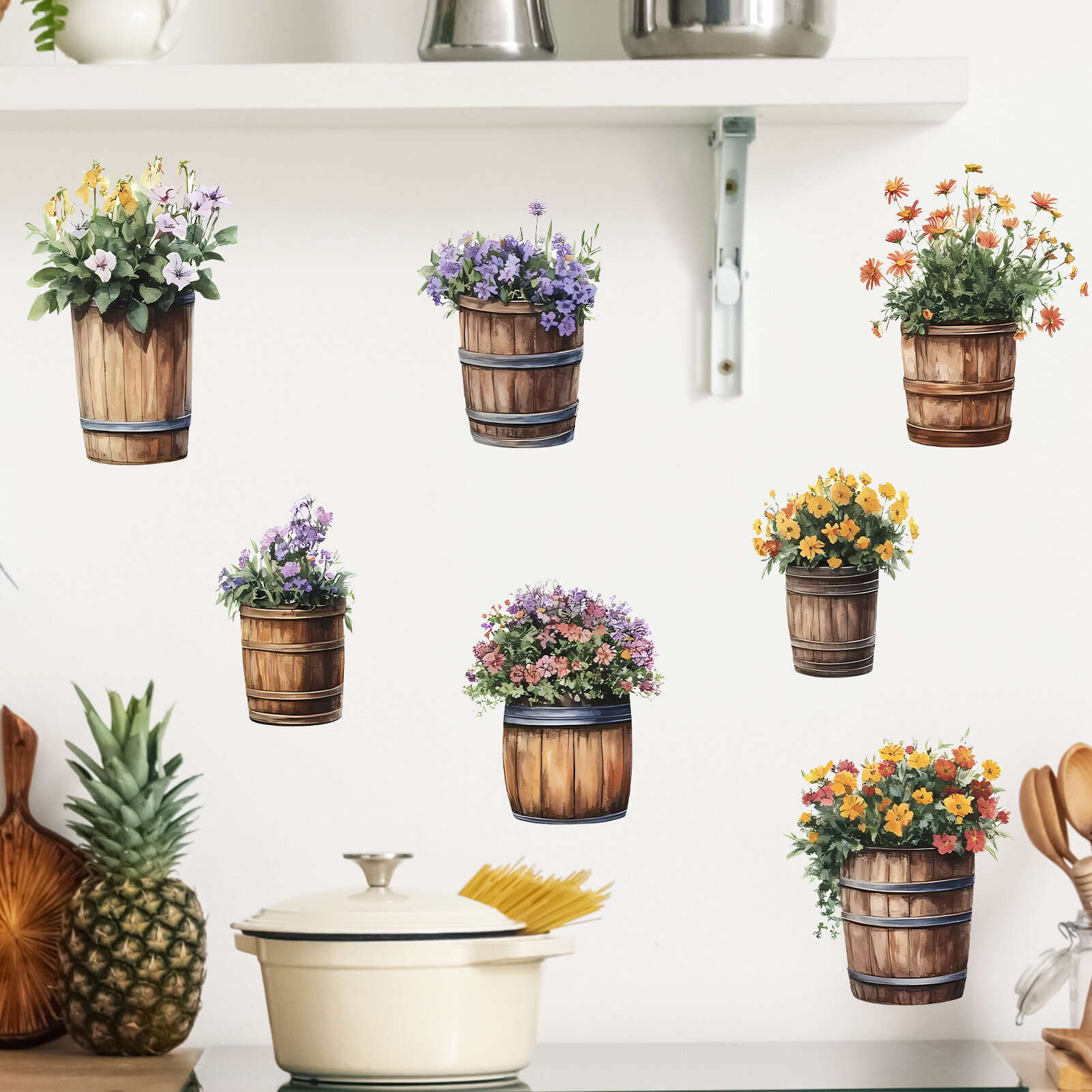 Наклейки на стену в виде цветочных горшков, разноцветные растения в деревянных бочках, самоклеящиеся ПВХ-наклейки на стену для кухни, спальни, гостиной, домашнего декора, съёмные настенные наклейки для любой комнаты